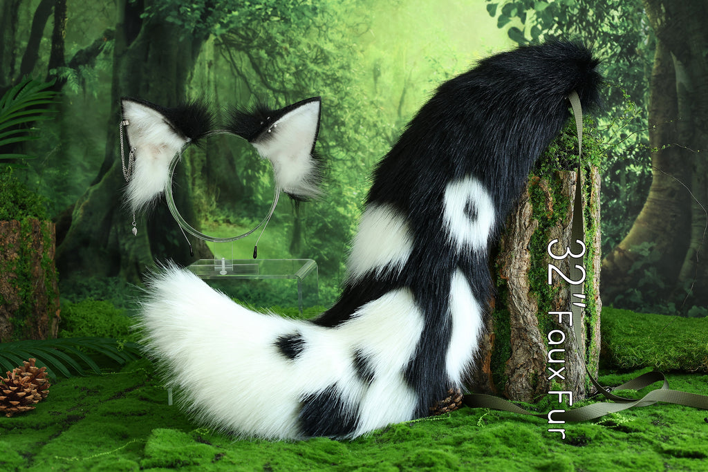 White black faux fur fox ear and tail butt plug curved wolf tail and e ...