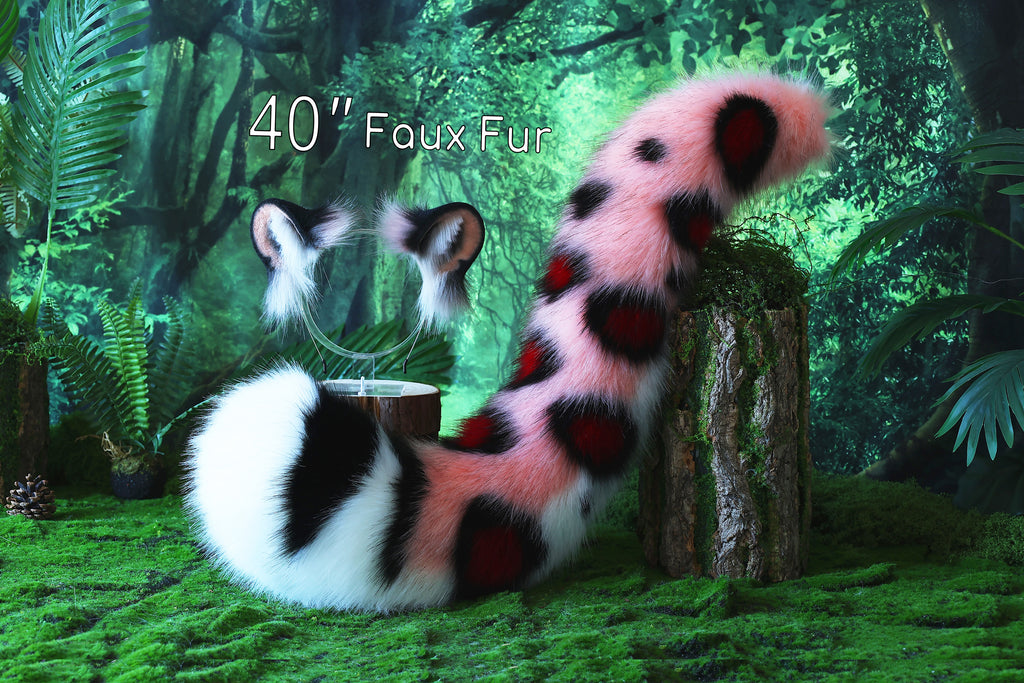 Pink Faux Fur Snow Leopard Ear and Tail Butt Plug Set Role Play Realis ...