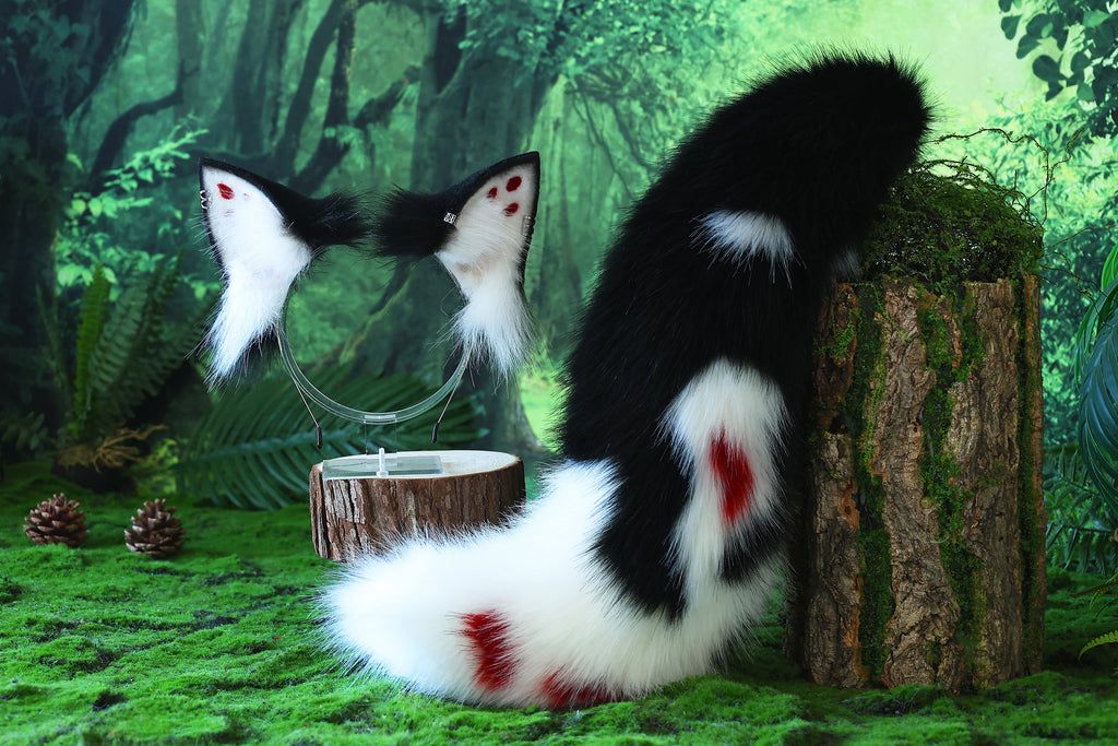 Realistic faux fur fox tail and ear set neon black splicing wolf ear a ...
