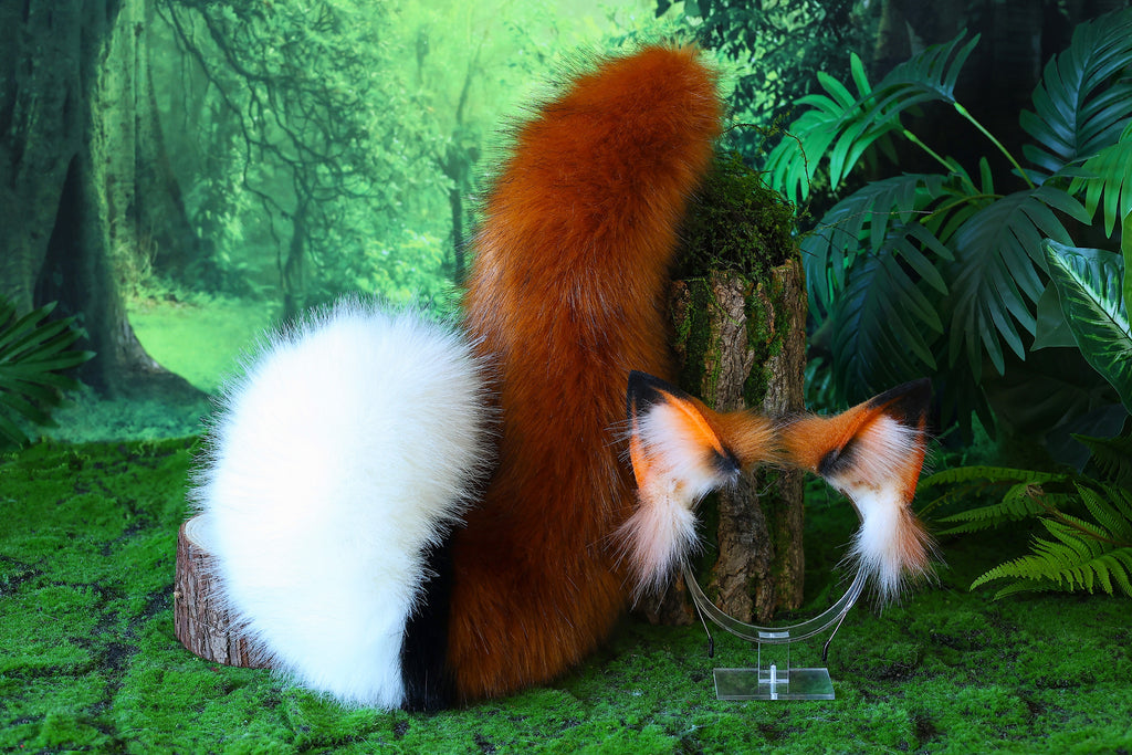 Realistic faux fur fox tail and ear set splicing wolf ear and tail ani ...