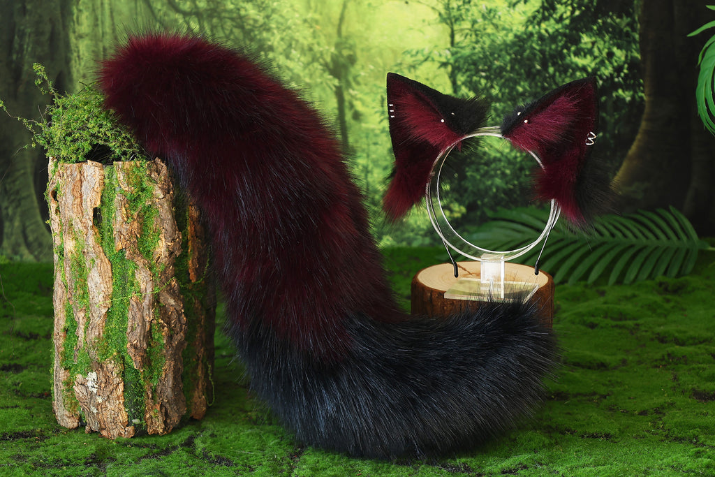 Wine Red white faux fur fox ear and tail butt plug wolf tail and ear c ...