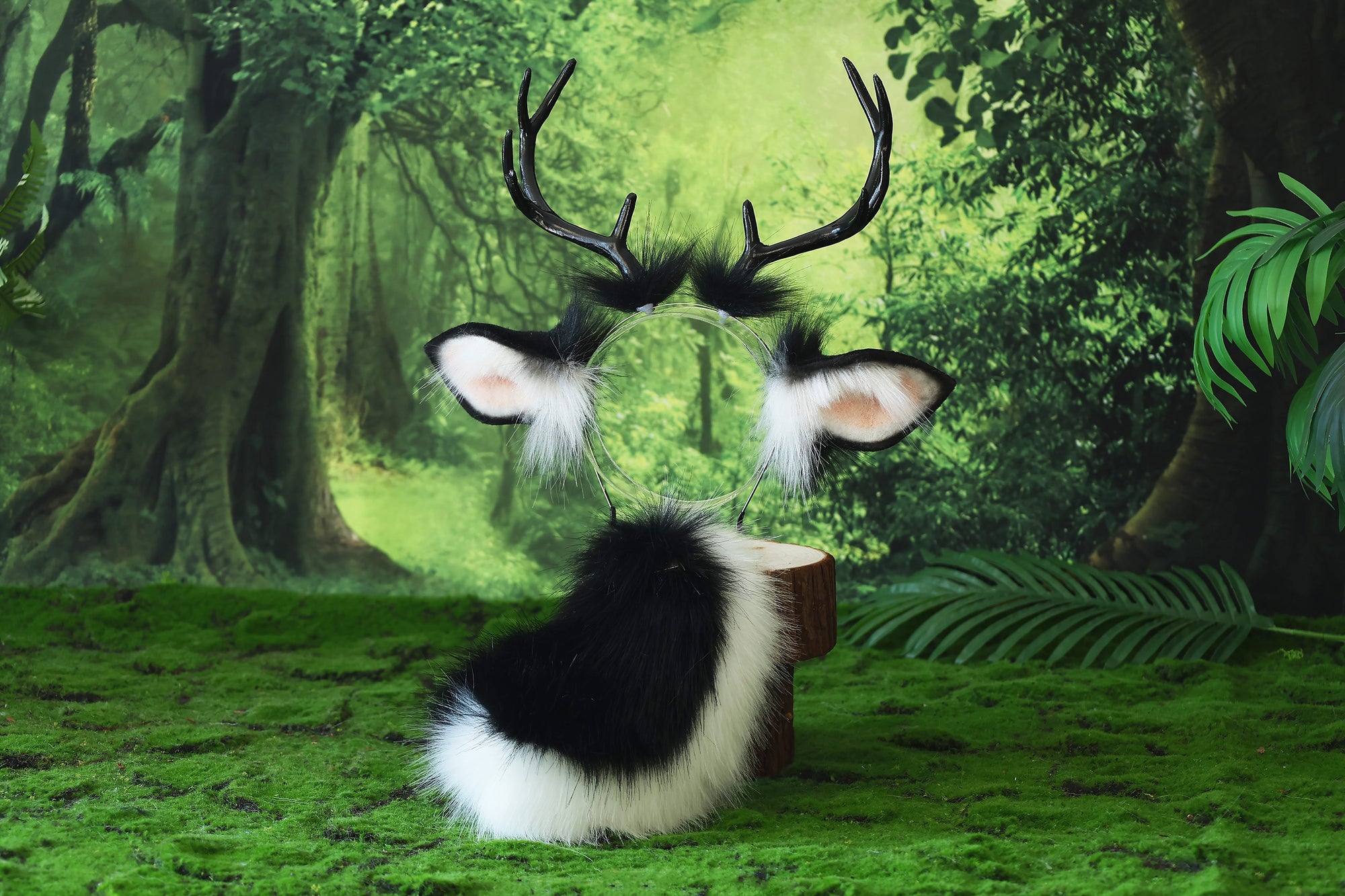 Black white faux fur deer costume ears and tail deer kemonomimi deer c ...
